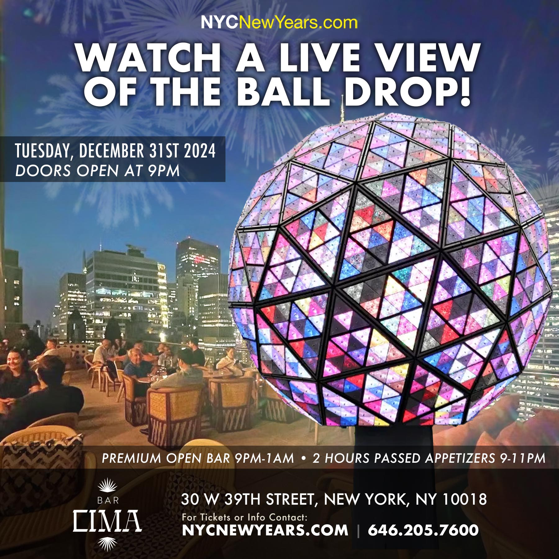 Bar Cima Rooftop New Year’s Eve 2025 with live views of Times Square ...